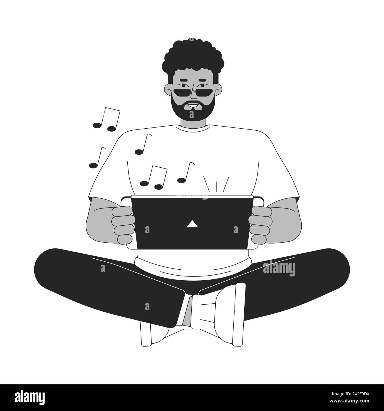 African american man enjoying gaming console black and white 2D line ...