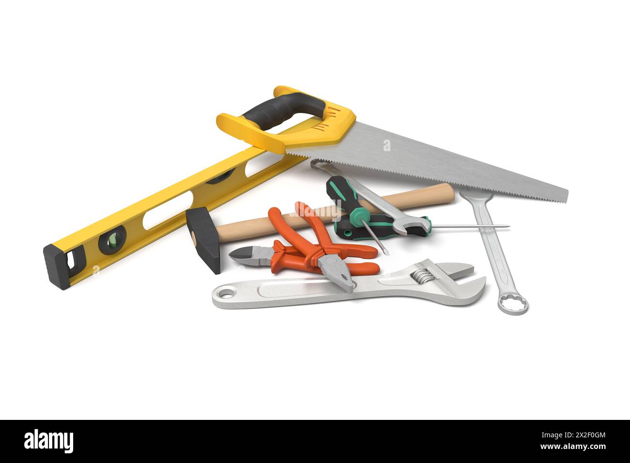 Tools lined up with saw in front Stock Photo - Alamy