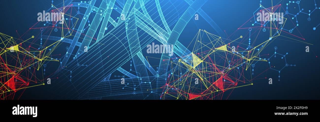 Sci-fi background. Wireframe dynamic pipes with the use of colored plexus effect and hexagons ...