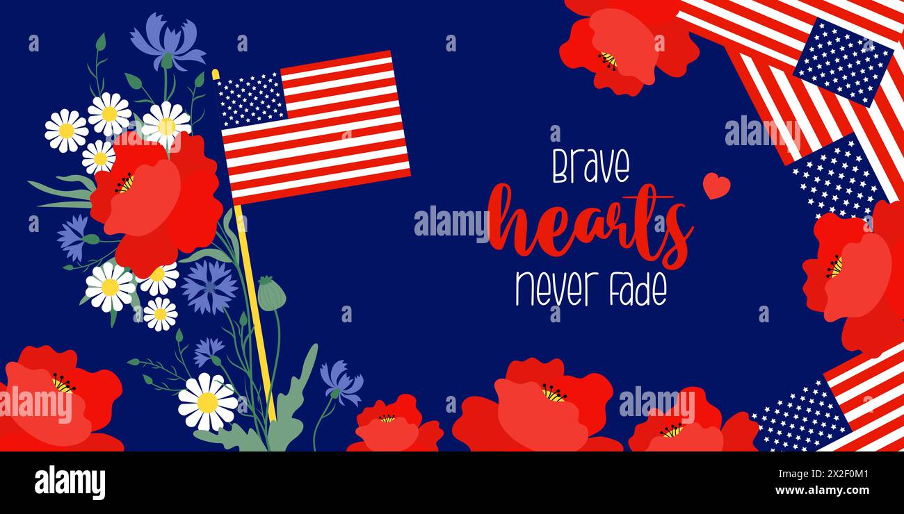 Memorial Day banner. American flags with flowers red poppy, cornflowers ...