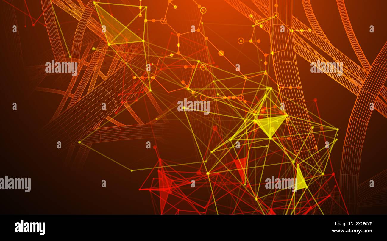 Sci-fi background. Wireframe dynamic pipes with the use of colored plexus effect and hexagons ...