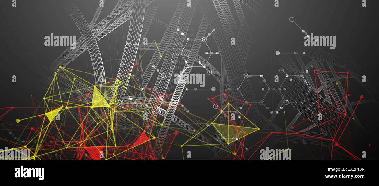 Sci-fi background. Wireframe dynamic pipes with the use of colored plexus effect and hexagons ...