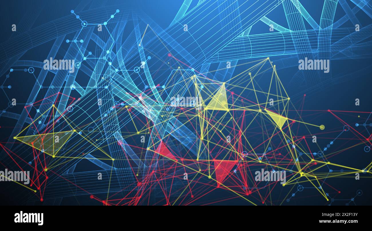 Sci-fi background. Wireframe dynamic pipes with the use of colored ...