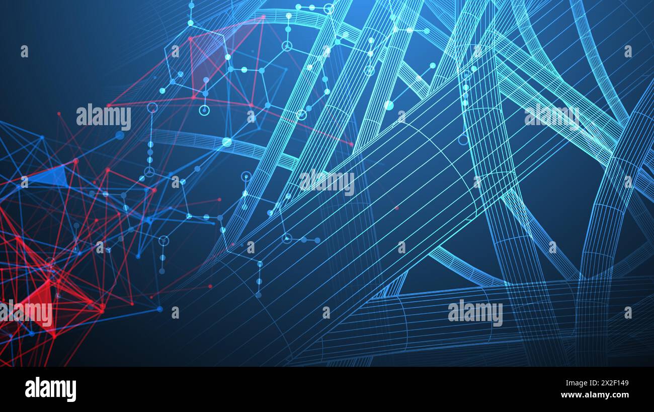 Sci-fi background. Wireframe dynamic pipes with the use of colored plexus effect and hexagons ...