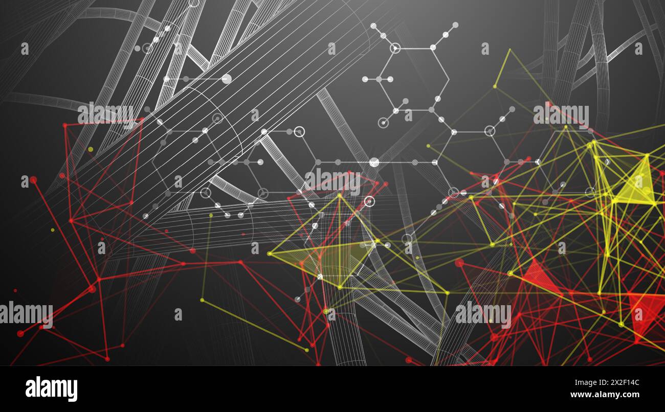 Sci-fi background. Wireframe dynamic pipes with the use of colored plexus effect and hexagons ...