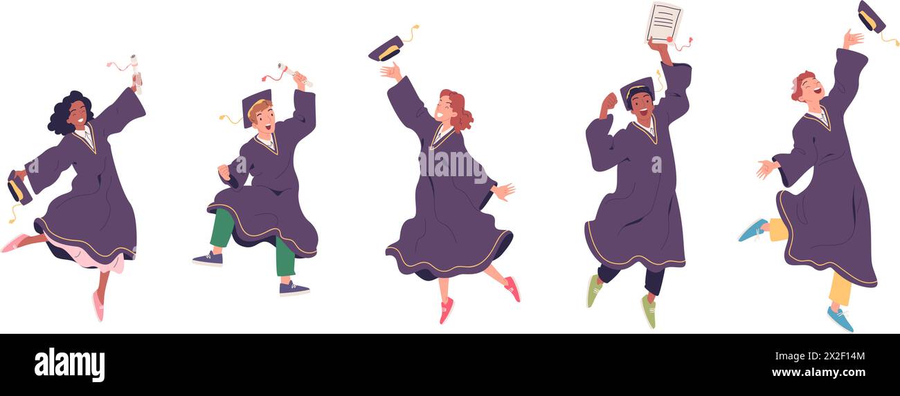 Jumping graduates. Cute students in gown diploma celebrating graduation ...
