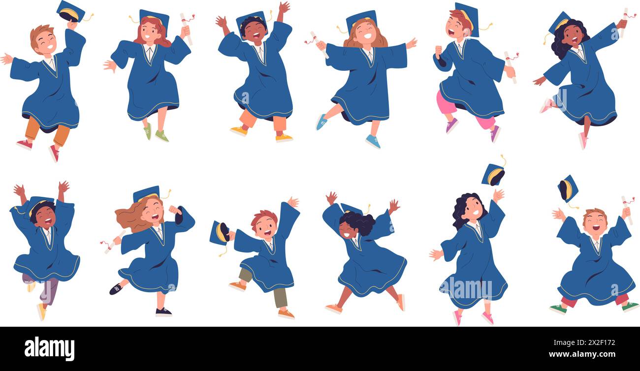 Kids in graduation gown. Children at robe bachelor diploma kindergarten ...