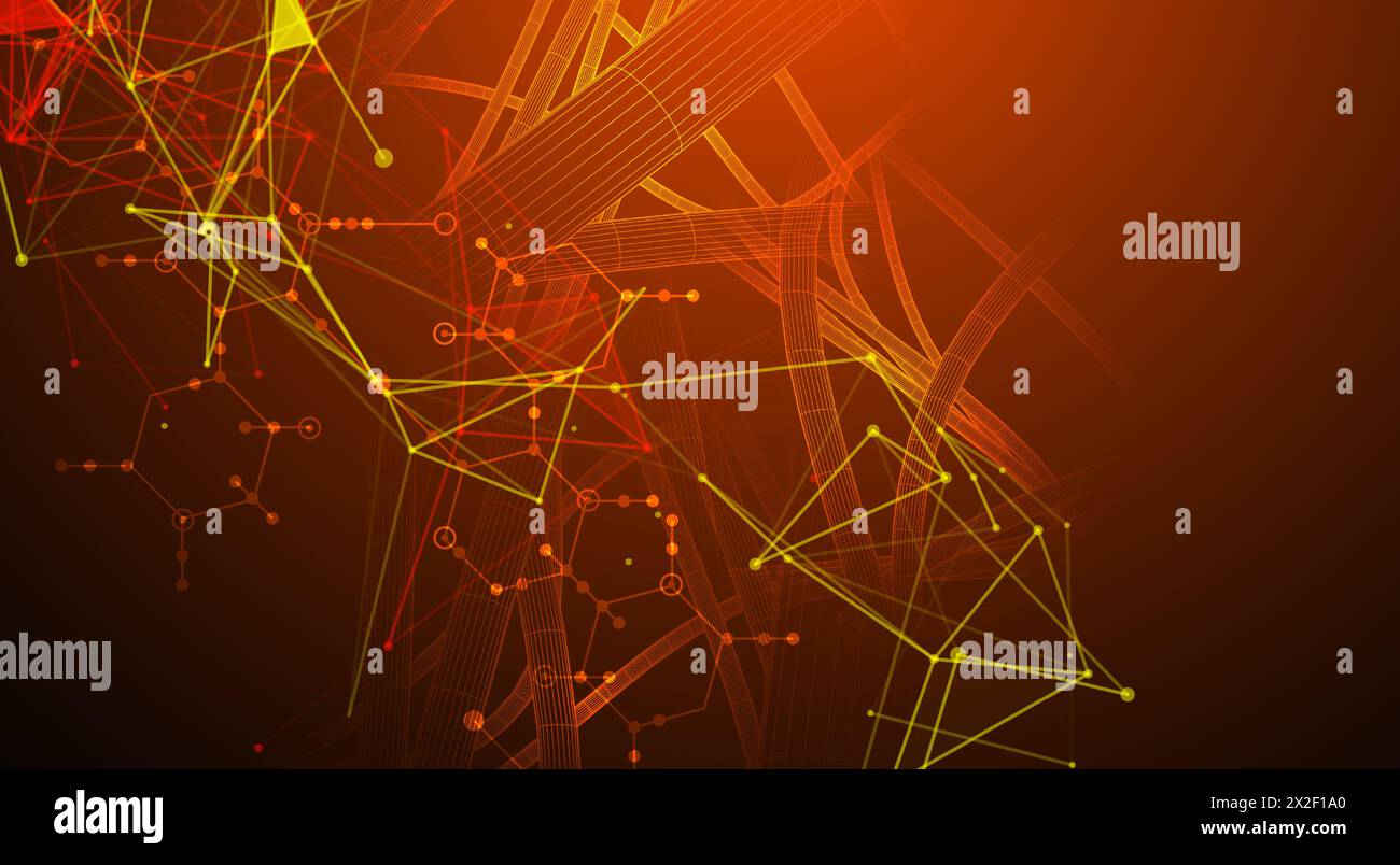 Sci-fi background. Wireframe dynamic pipes with the use of colored plexus effect and hexagons ...