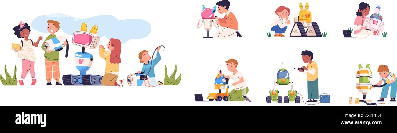 Kids robotic engineering. Child engineers programming robot, clever kid ...