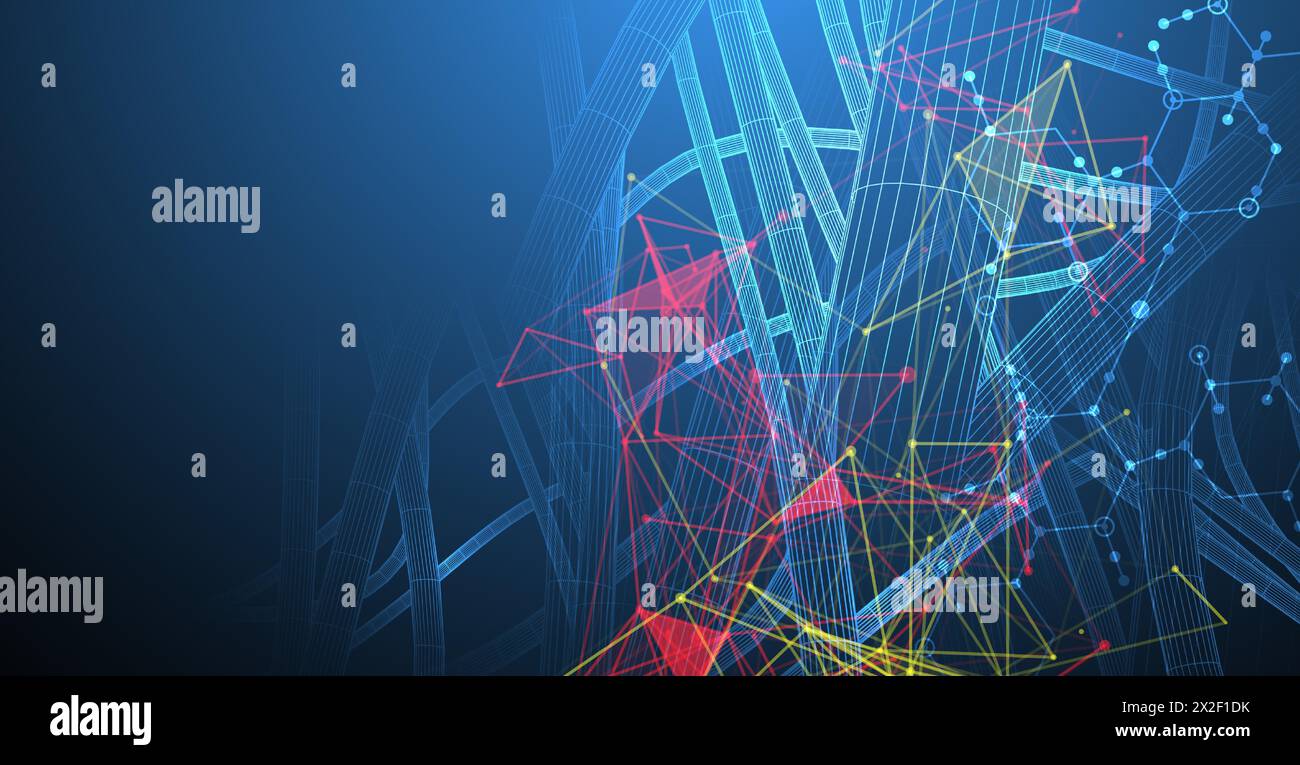 Sci-fi background. Wireframe dynamic pipes with the use of colored plexus effect and hexagons ...