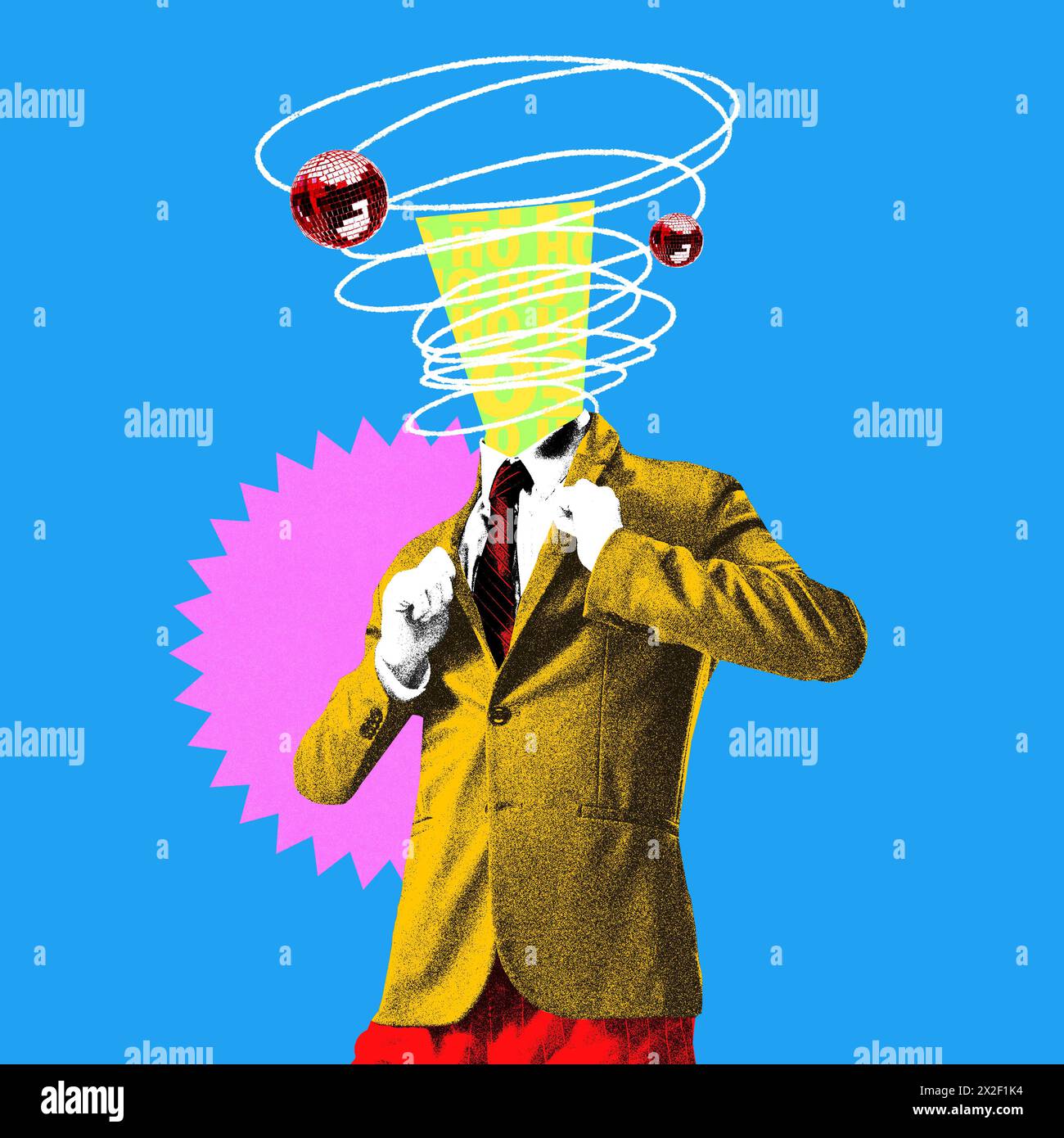 Male businessman in a suit with doodles and disco ball over head on ...