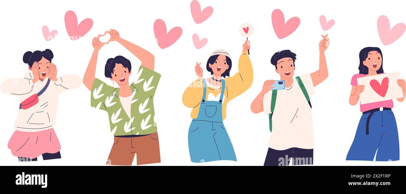 Korean fans. K pop music culture, kpop idol fanats characters with placard and cheering stick in ...