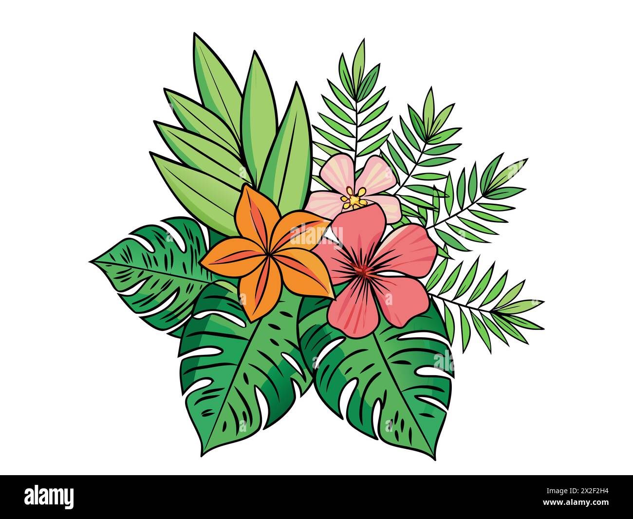 Illustration of tropical flowers with green leaves. Brightly colored ...