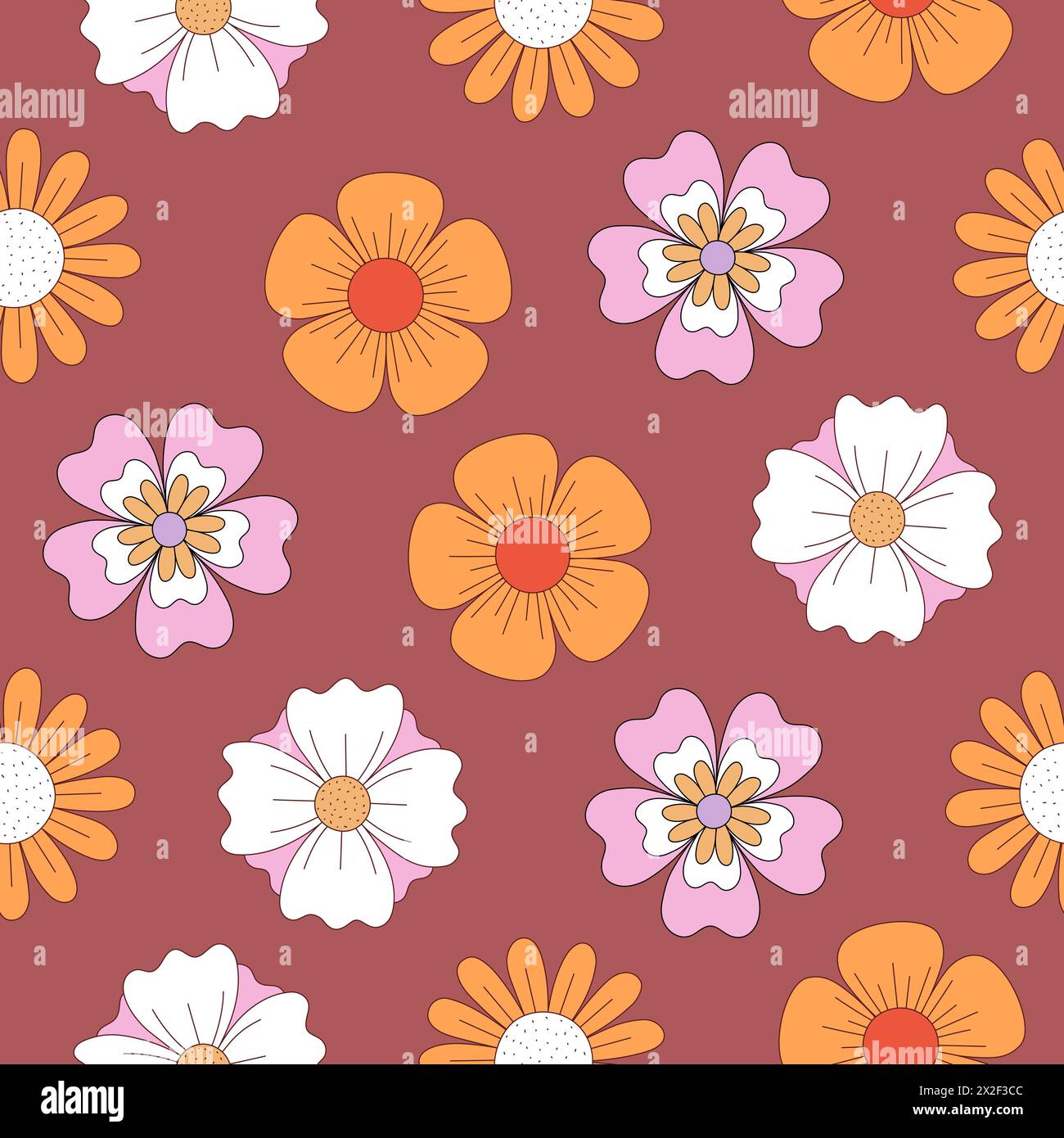 Retro vintage floral pattern. Simple hand drawn flowers on burgundy ...