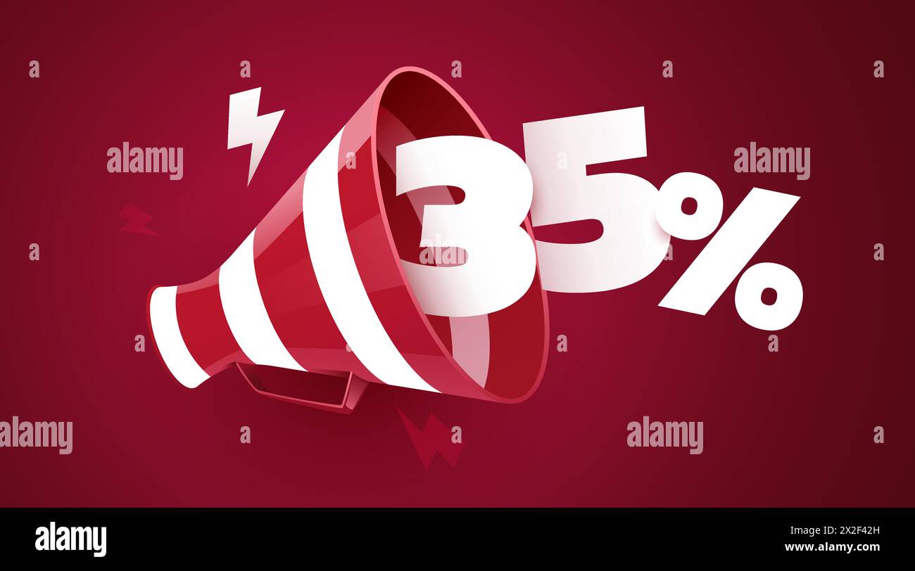 35 percent off. Sale banner with 3D megaphone. Vector illustration ...