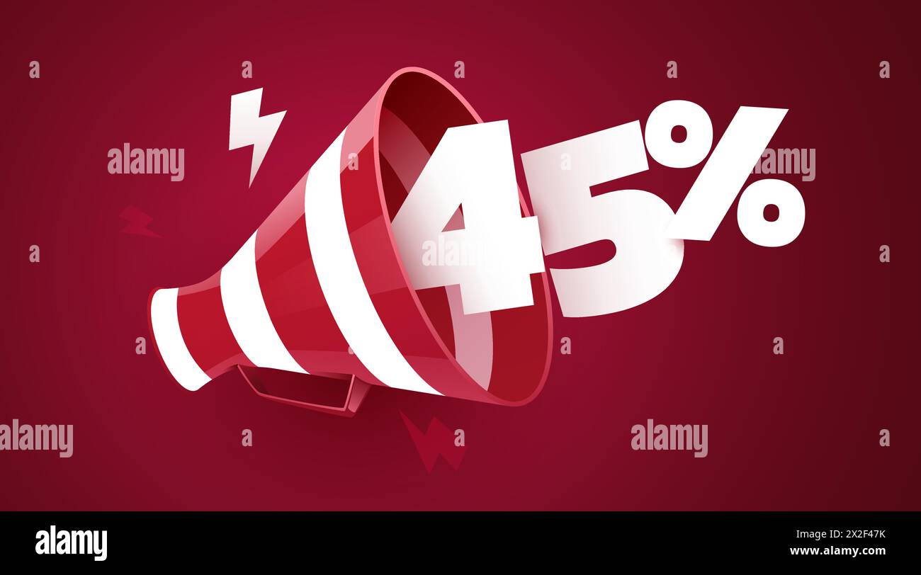 45 percent off. Sale banner with 3D megaphone. Vector illustration ...