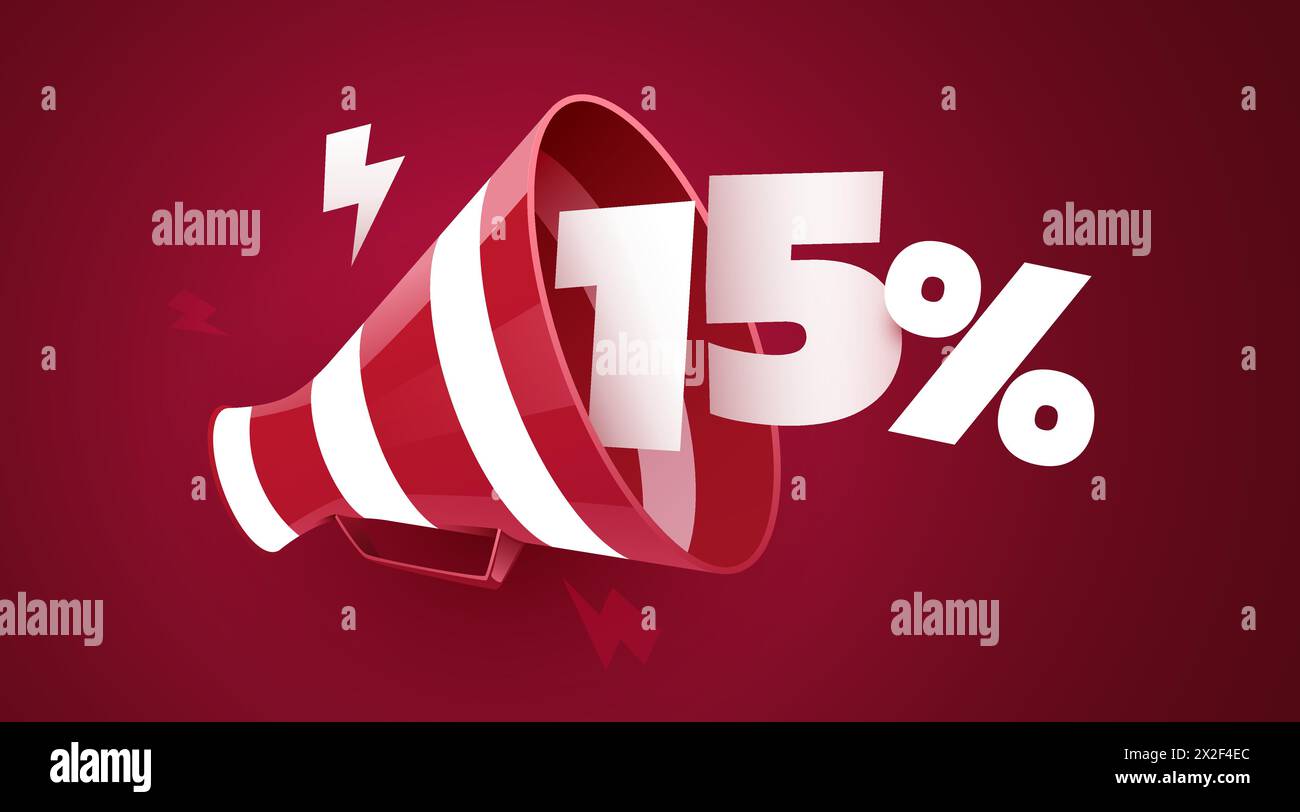 15 percent off. Sale banner with 3D megaphone. Vector illustration ...