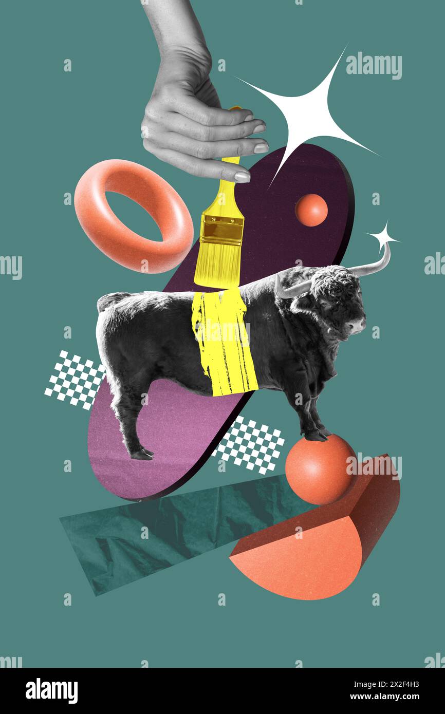 Vertical creative collage picture cow animal buffalo tool artist diy 3d ...