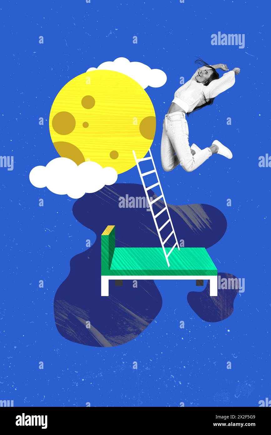 Vertical image collage picture young joyful woman bedtime sleep comfort ...