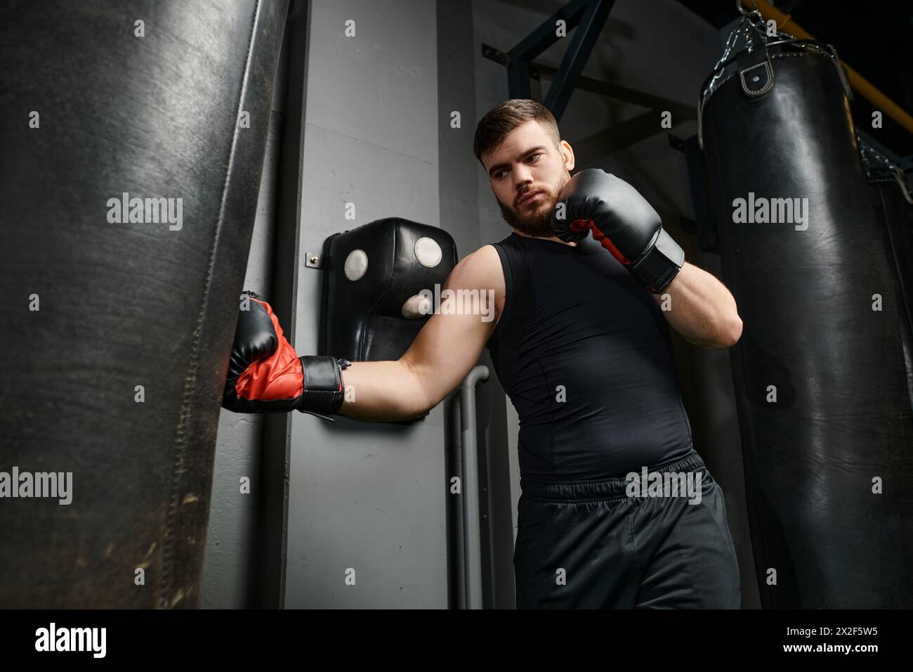 A handsome man with a beard wearing a black shirt and red boxing gloves ...