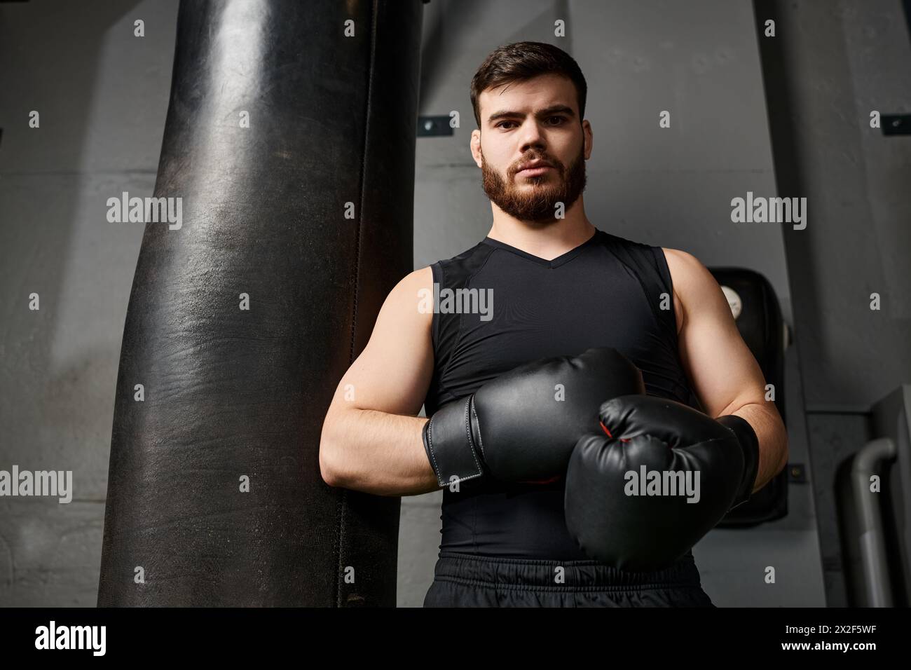 A handsome man with a beard wearing boxing gloves, striking a punching ...