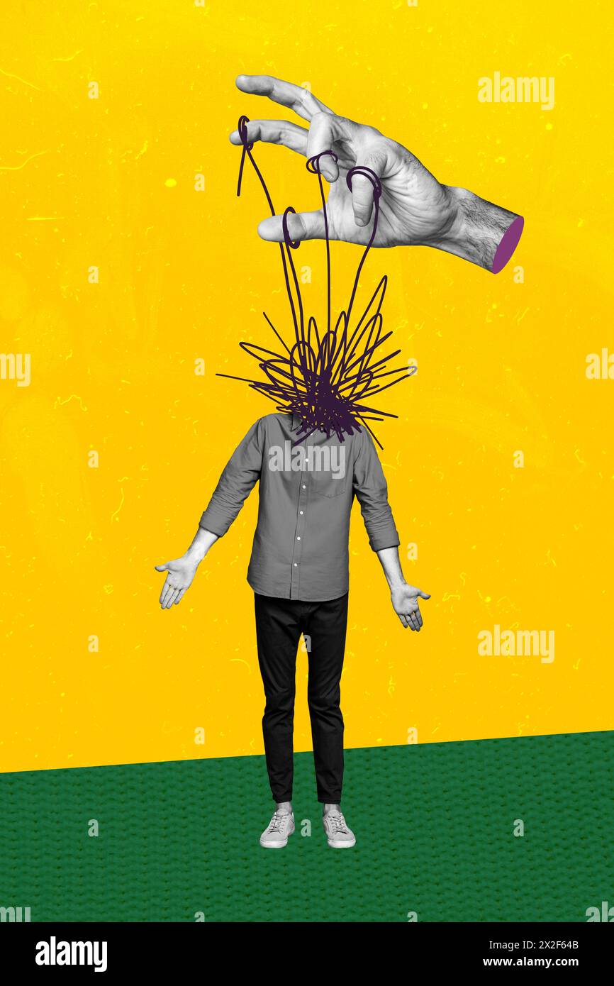 Trend artwork composite photo collage of black white silhouette confused man headless think mind ...