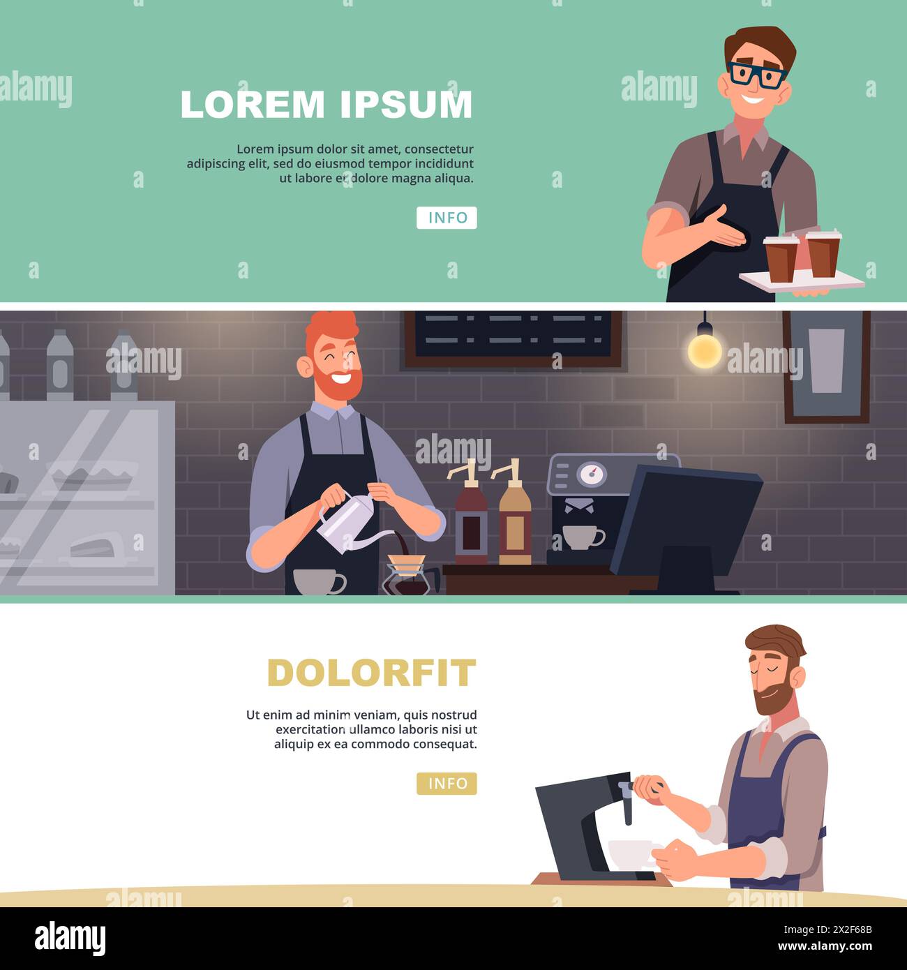 Barista banners with pictures of people coffee makers doing delicious ...