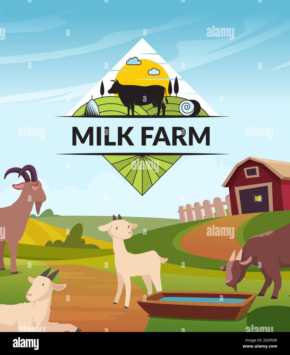 Milk farm poster with goats walking on field and eating grass Stock ...