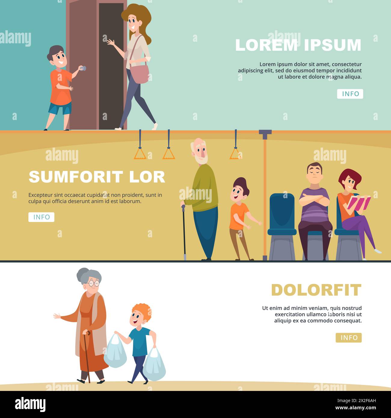 Kids help adults horizontal banners boy open door to mother gives way ...