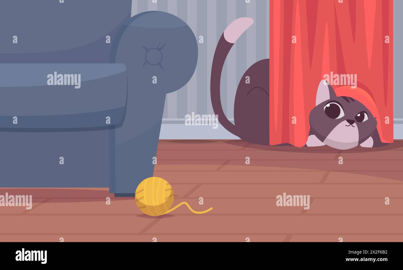 Kitten in room. Domestic cat hiding in interior space exact vector ...