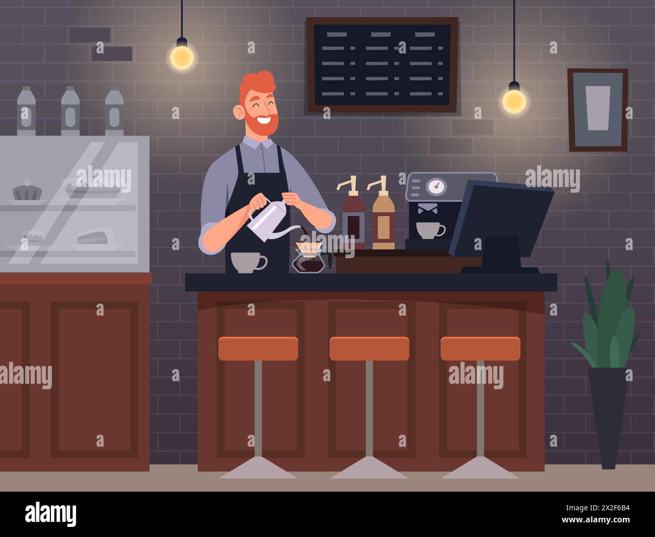 Cafe. Bar or restaurant interior barista preparing coffee cappuccino ...