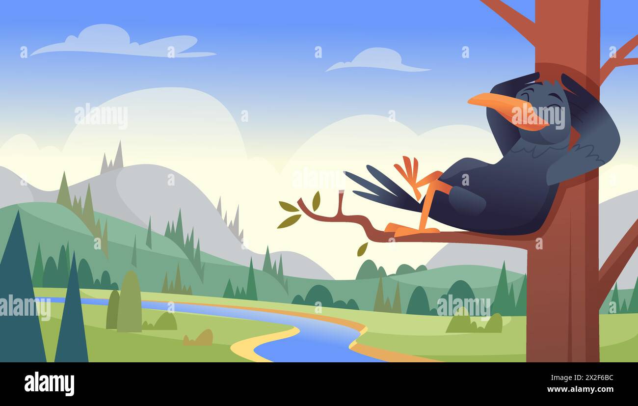 Flying crows. Cartoon outdoor background with funny cartoon crows exact ...