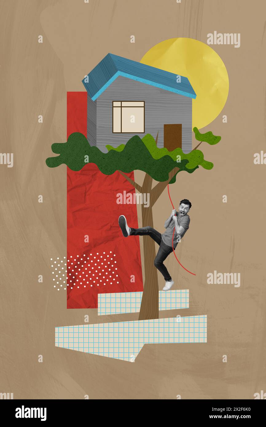 Vertical photo collage picture young scared man hanging house tree ...