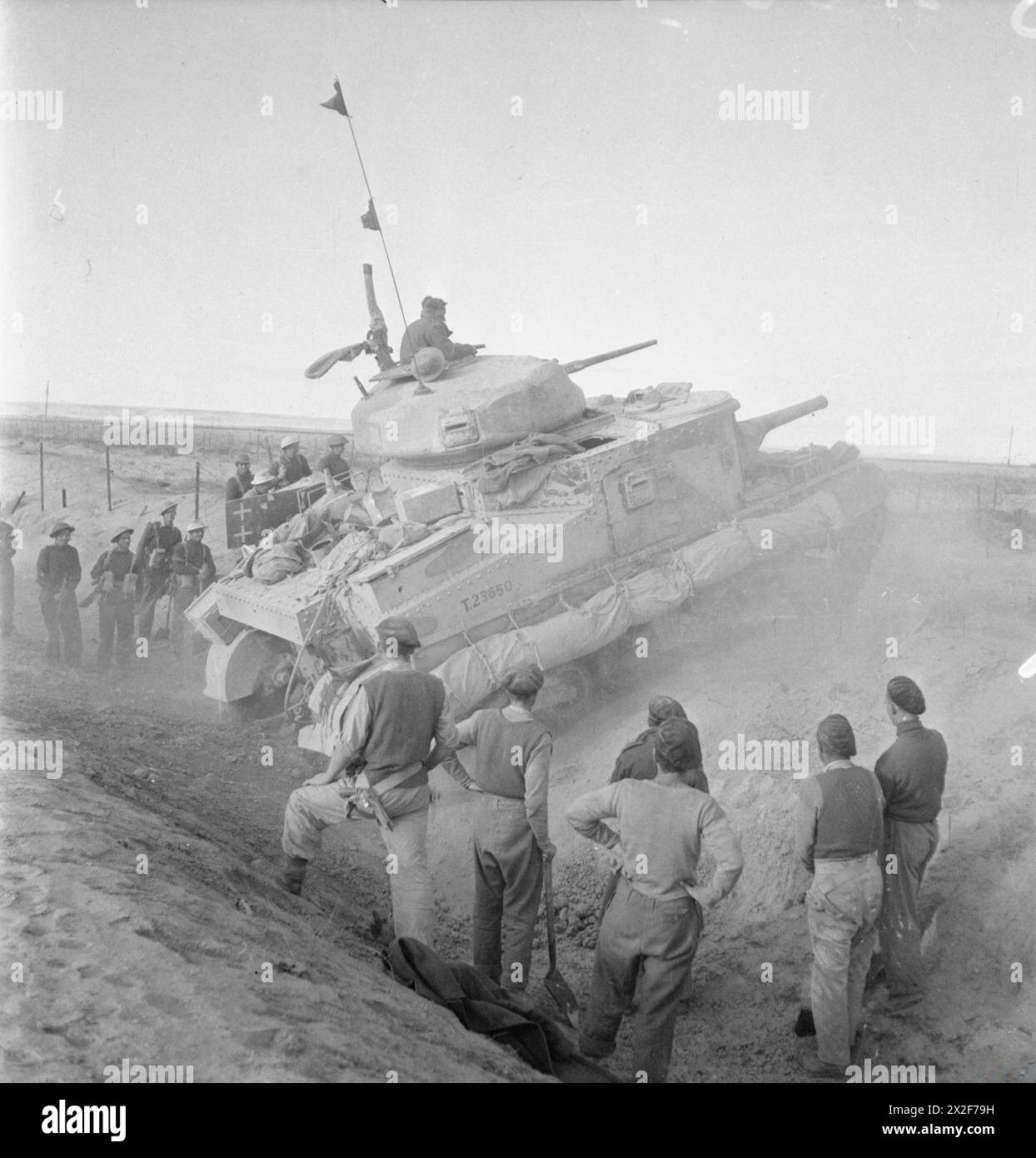 A Grant tank crossing a steep ditch outside Mersa Matruh, Egypt, on 11 ...