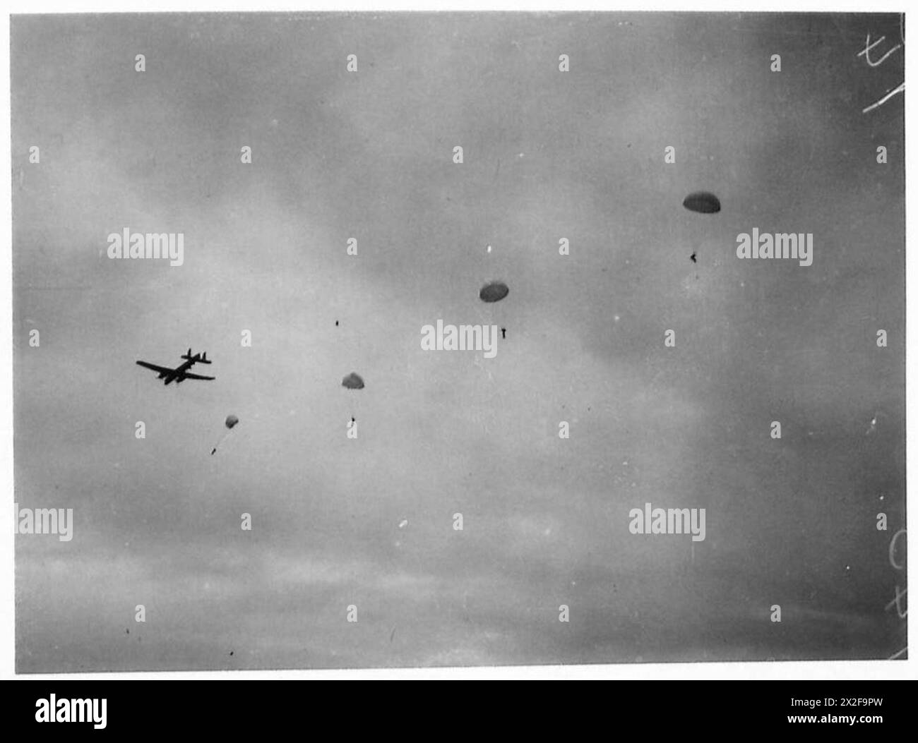 Photograph showing British Army parachute troops being deployed during ...