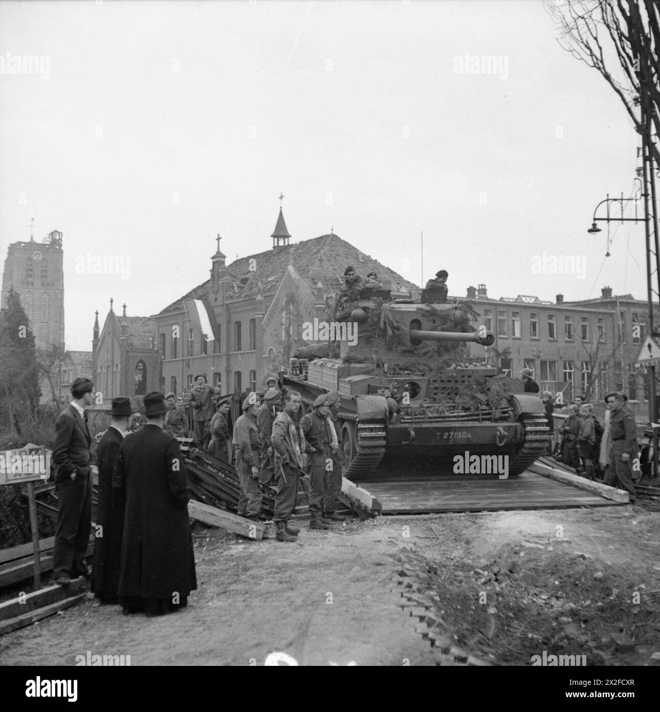 A British Challenger tank crosses a Bailey bridge near Esch on 27 ...