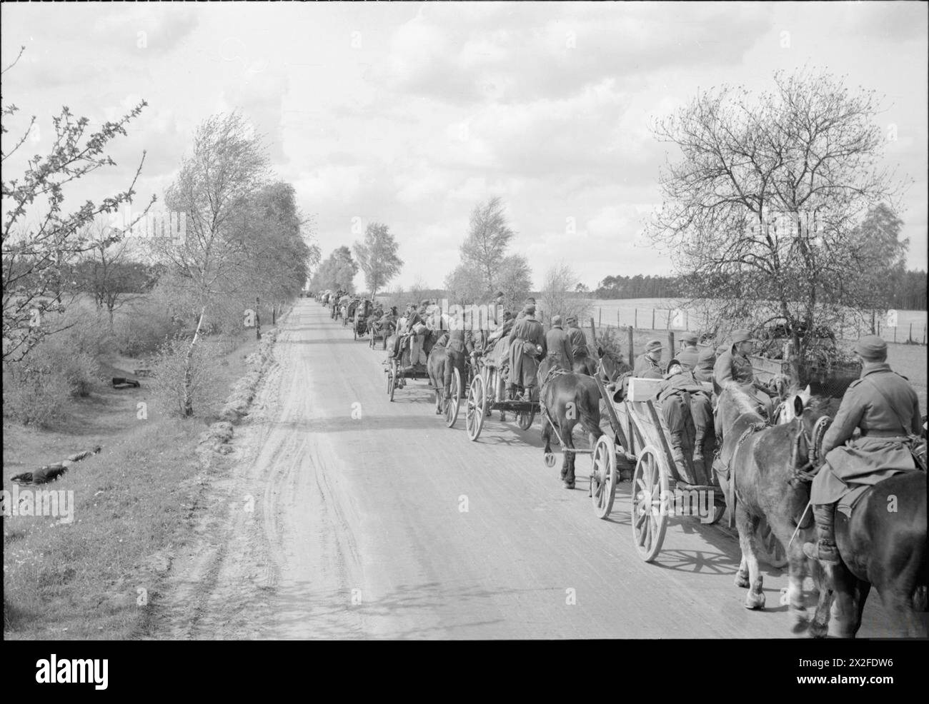 German troops with horse-drawn transport advance towards British forces ...
