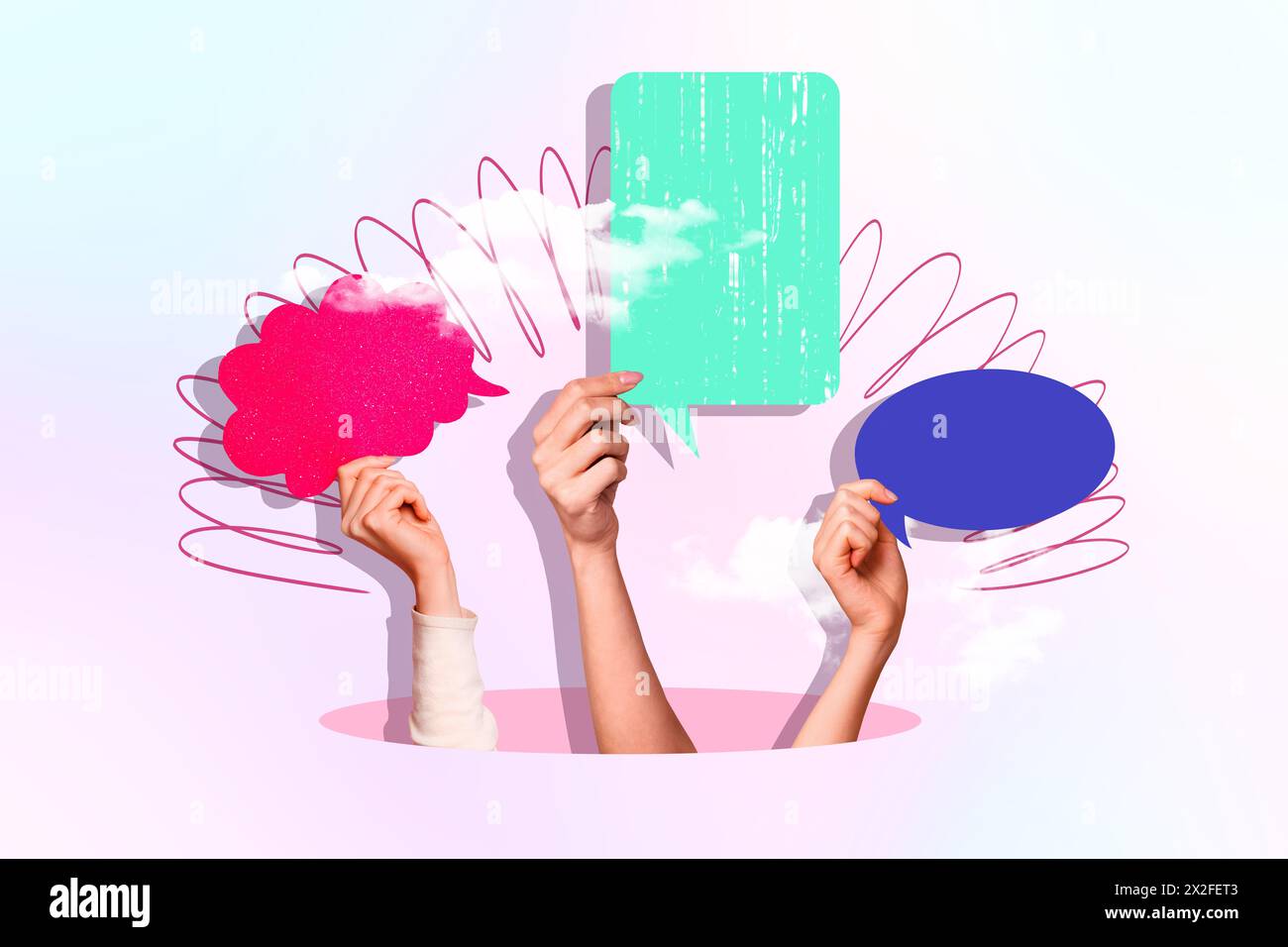Composite photo collage of hands crowd hold text box cloud ...