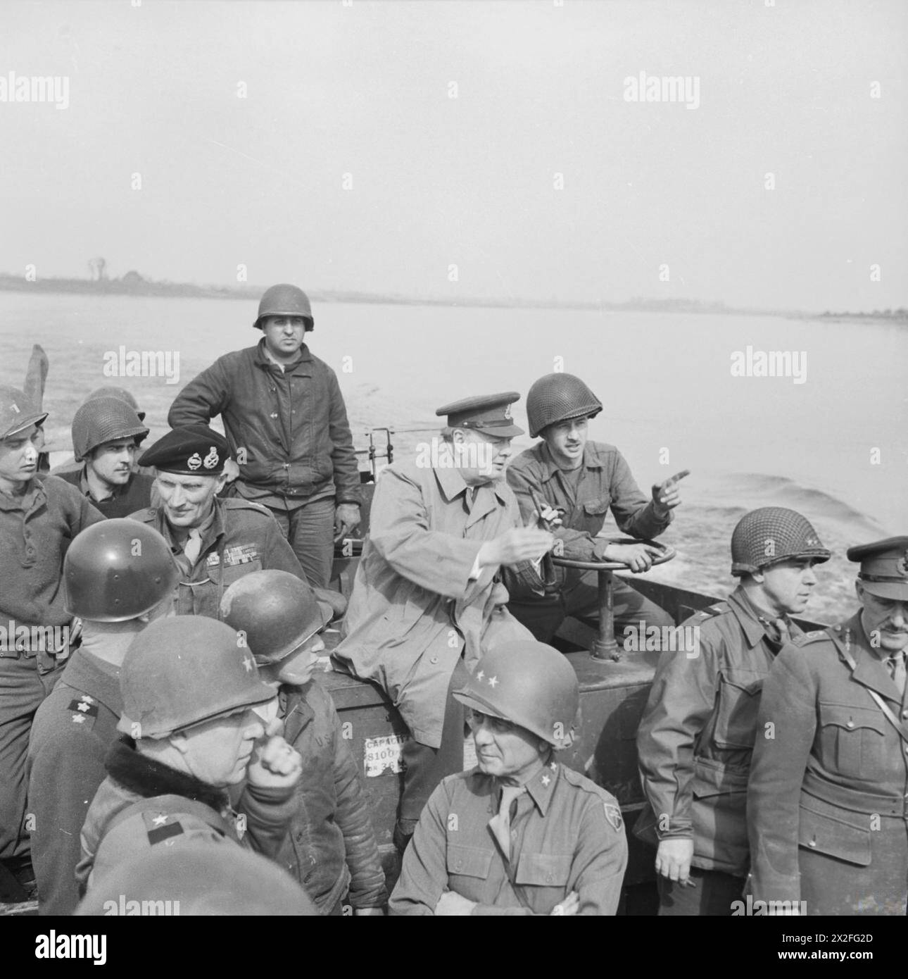 Prime Minister Winston Churchill crosses the River Rhine near Wesel on ...