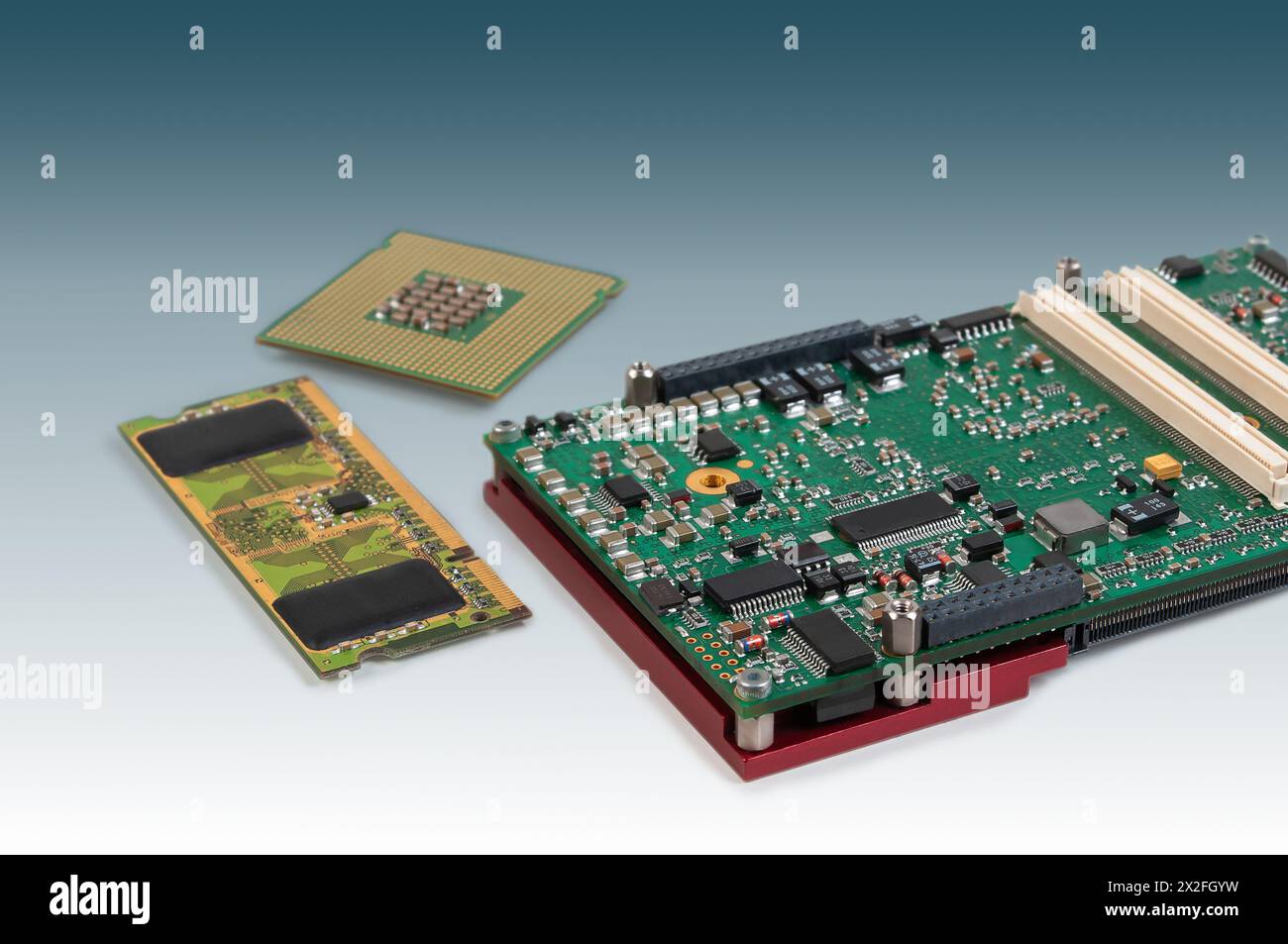 Close-up of an embedded CPU module, processor and DRAM module with ...