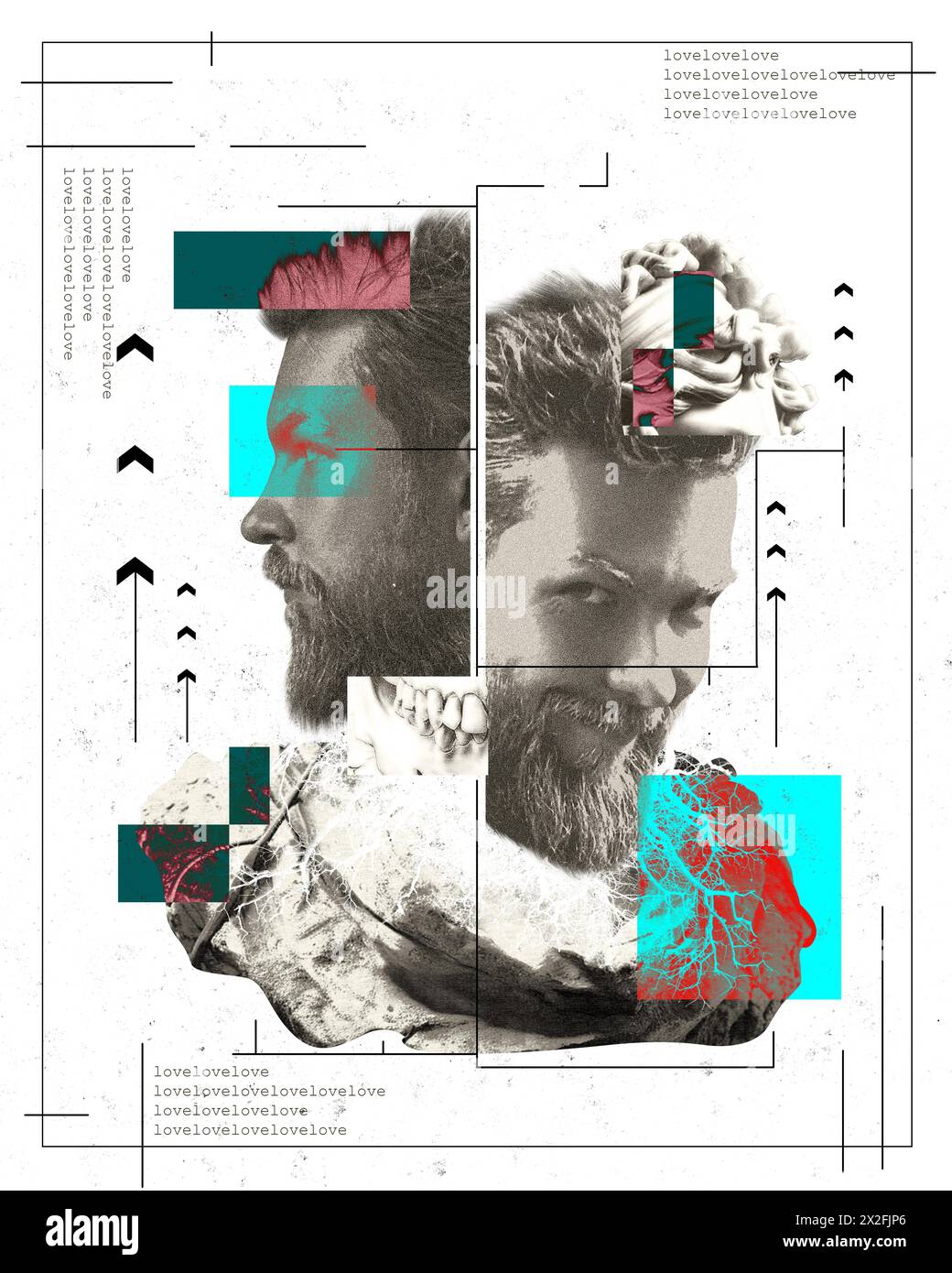 Bearded man with abstract shapes, body elements, and love text ...