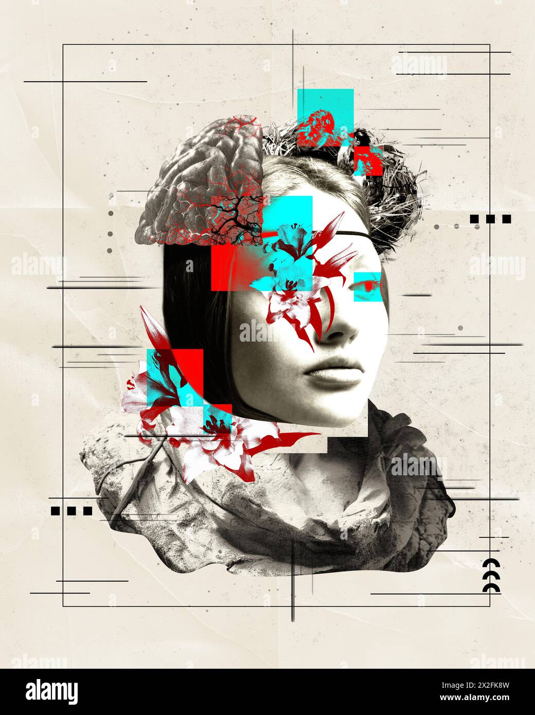 Woman with brain overlay and abstract accents on textured background ...