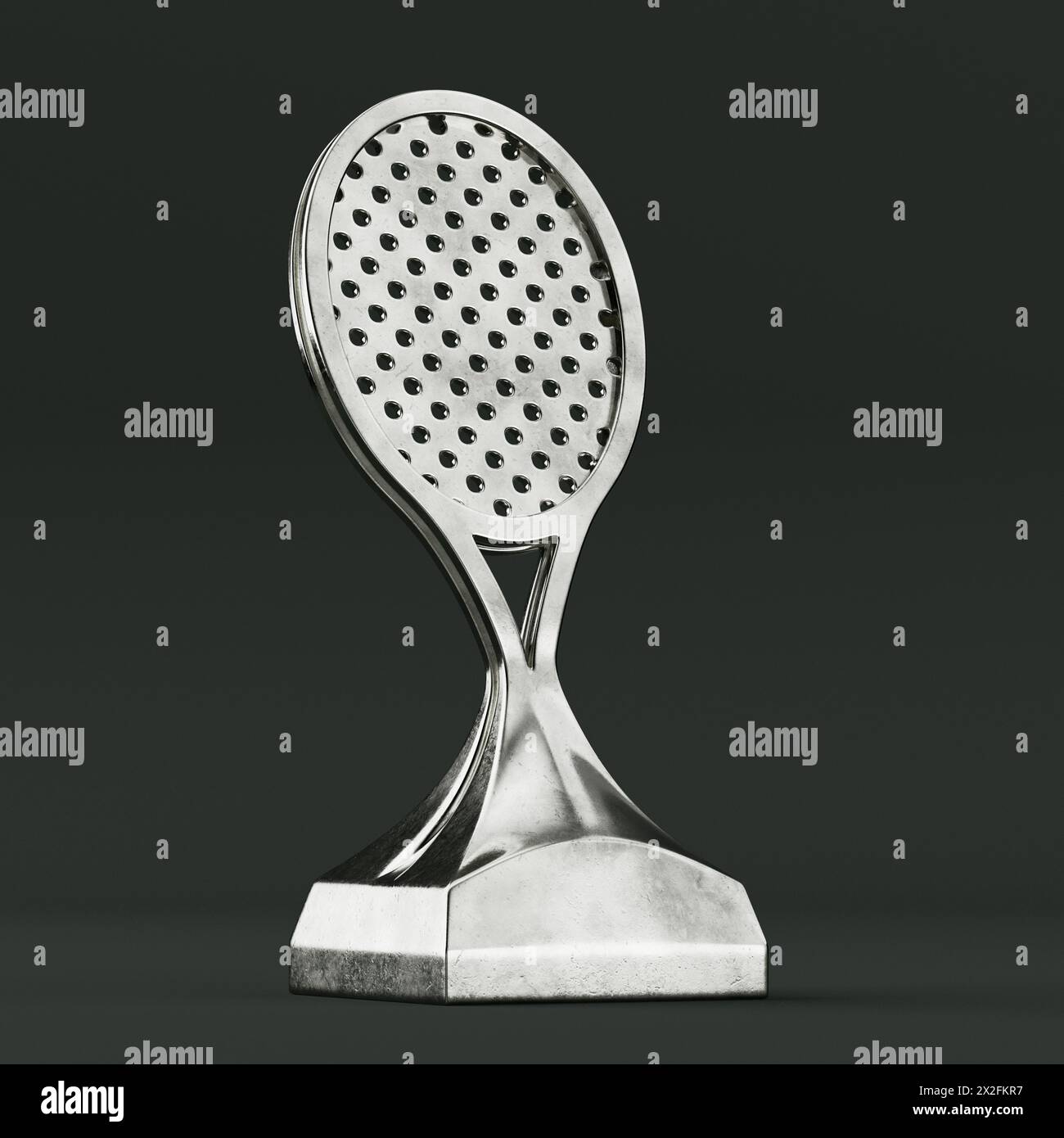 Tennis Award Trophy in the Shape of a Silver Tennis Racket on a dark ...