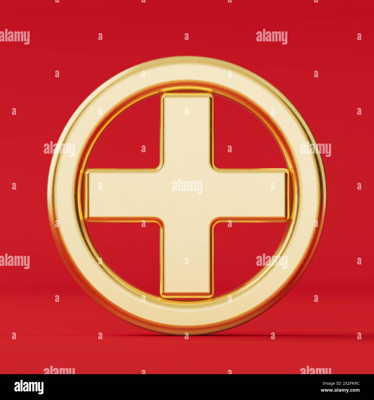 Golden Plus Icon Medical Cross Sign on a red background. 3d Rendering ...