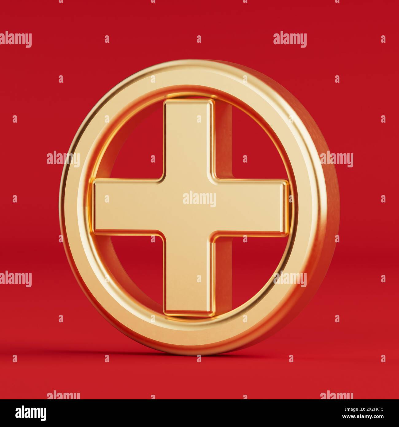 Golden Plus Icon Medical Cross Sign on a red background. 3d Rendering ...
