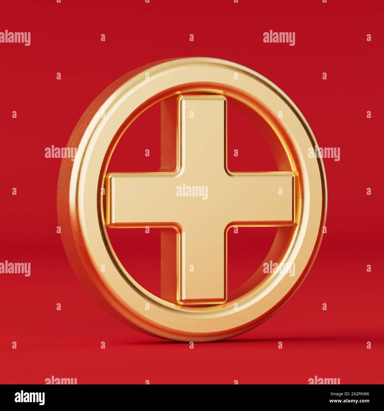 Golden Plus Icon Medical Cross Sign on a red background. 3d Rendering ...