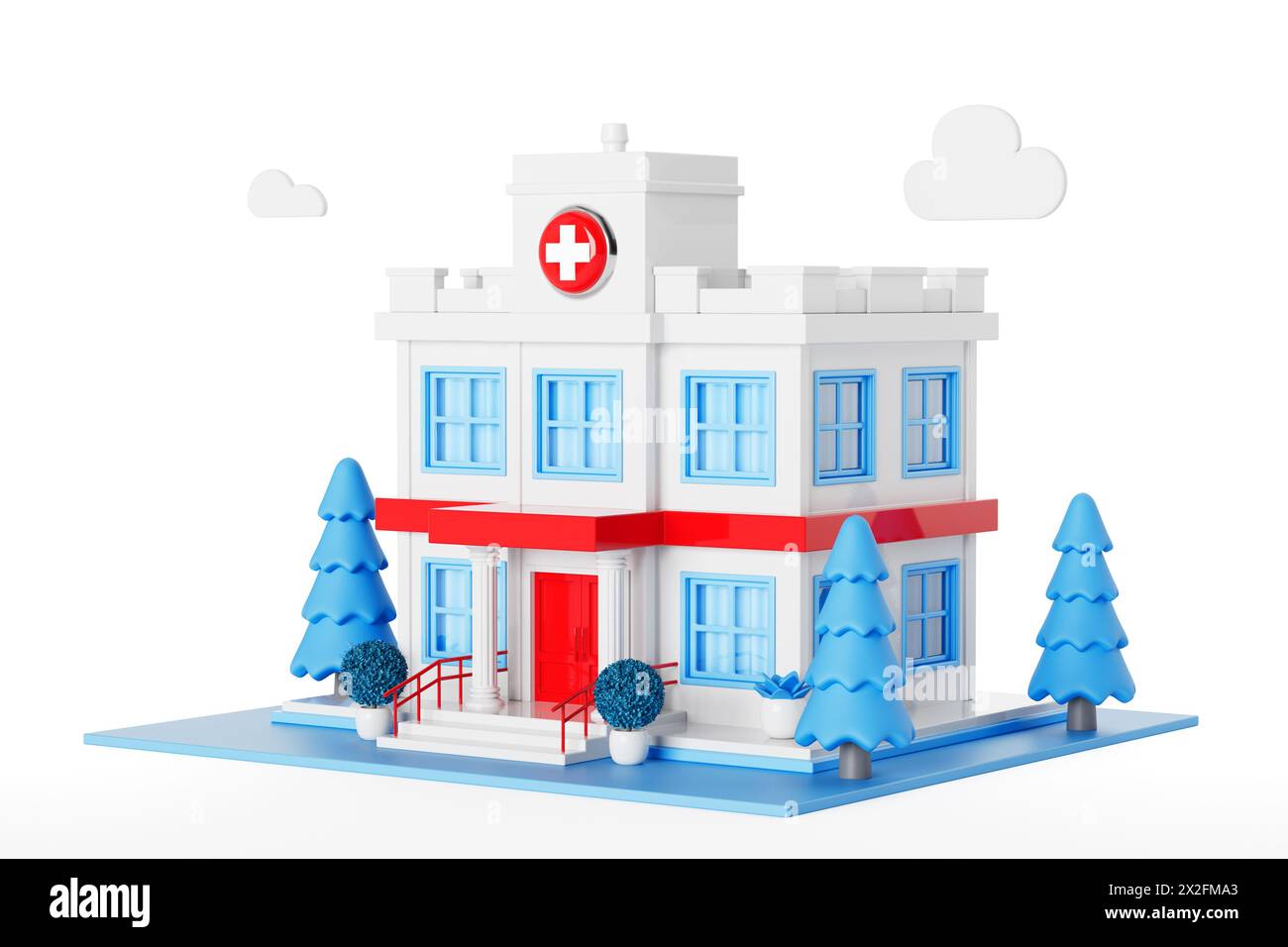 Abstract Scene with Cartoon Hospital Building on a white background. 3d ...