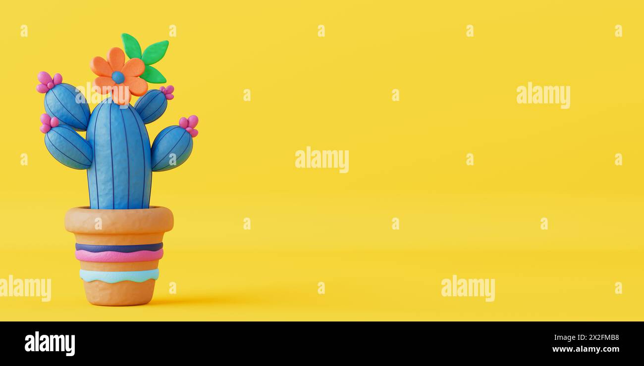 Cute Cartoon Plasticine Cactus on a yellow background. 3d Rendering ...