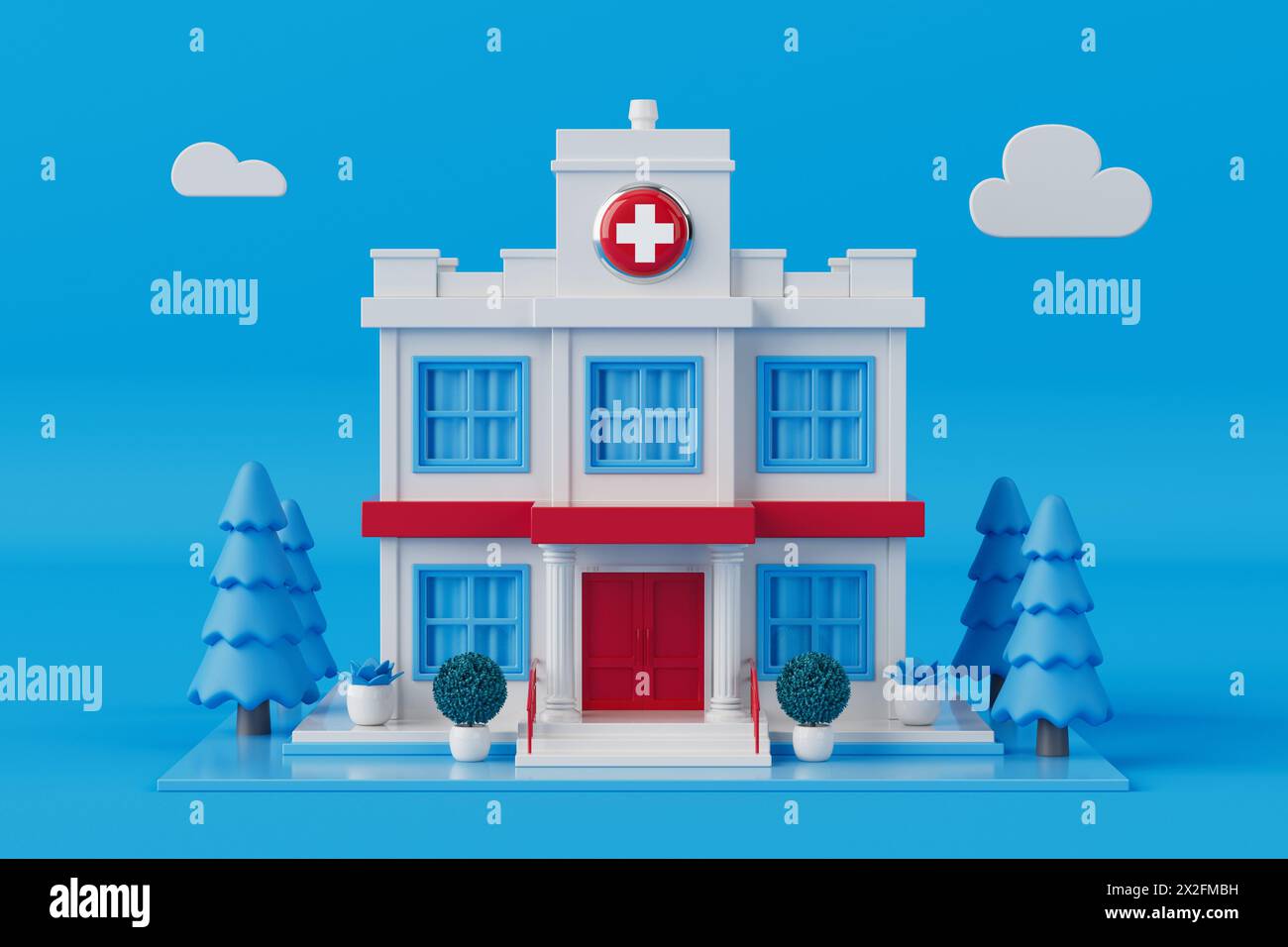 Abstract Scene with Cartoon Hospital Building on a blue background. 3d ...