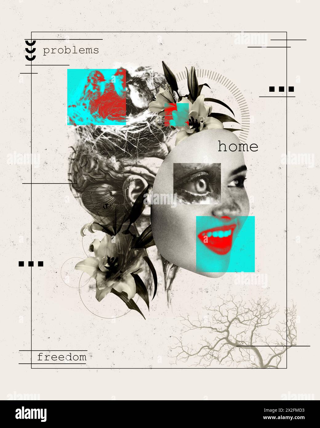 Art collage with female face, abstract elements, flowers, and words ...